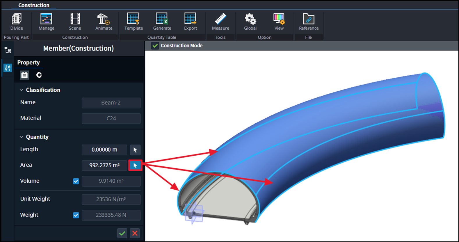 [CIM/Construction] Can you calculate only the area of a specific part of an object? – MIDAS Support