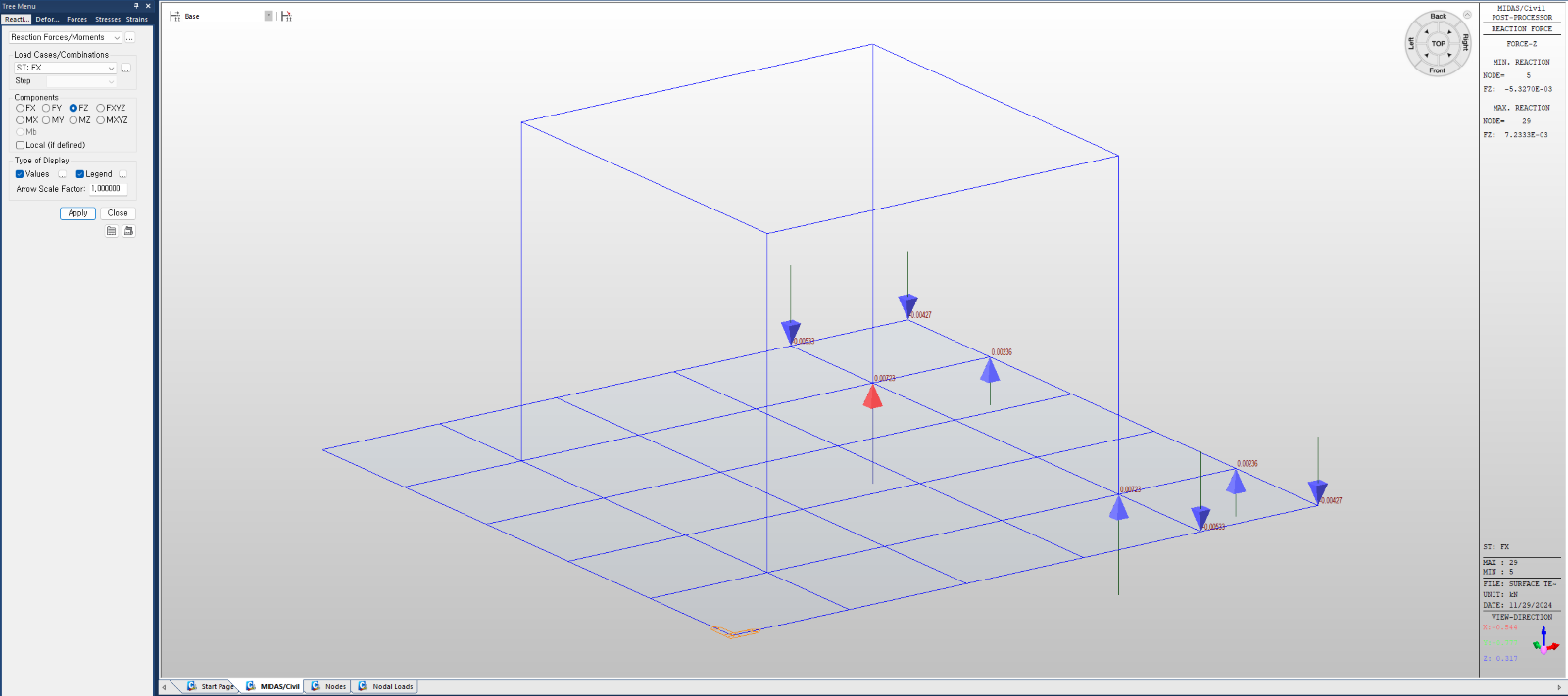 [CIVIL] 플레이트 요소 하부에 Surface Spring Support의 distributed타입으로 압축전담 스프링이 적용되어 있는데, 수평하중에 의해 인장 반력이 ...