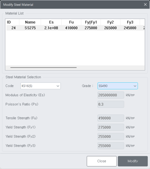 Modify Steel Material – MIDAS Support