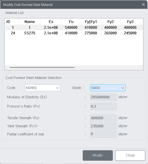 Modify cold Formed steel Material – MIDAS Support