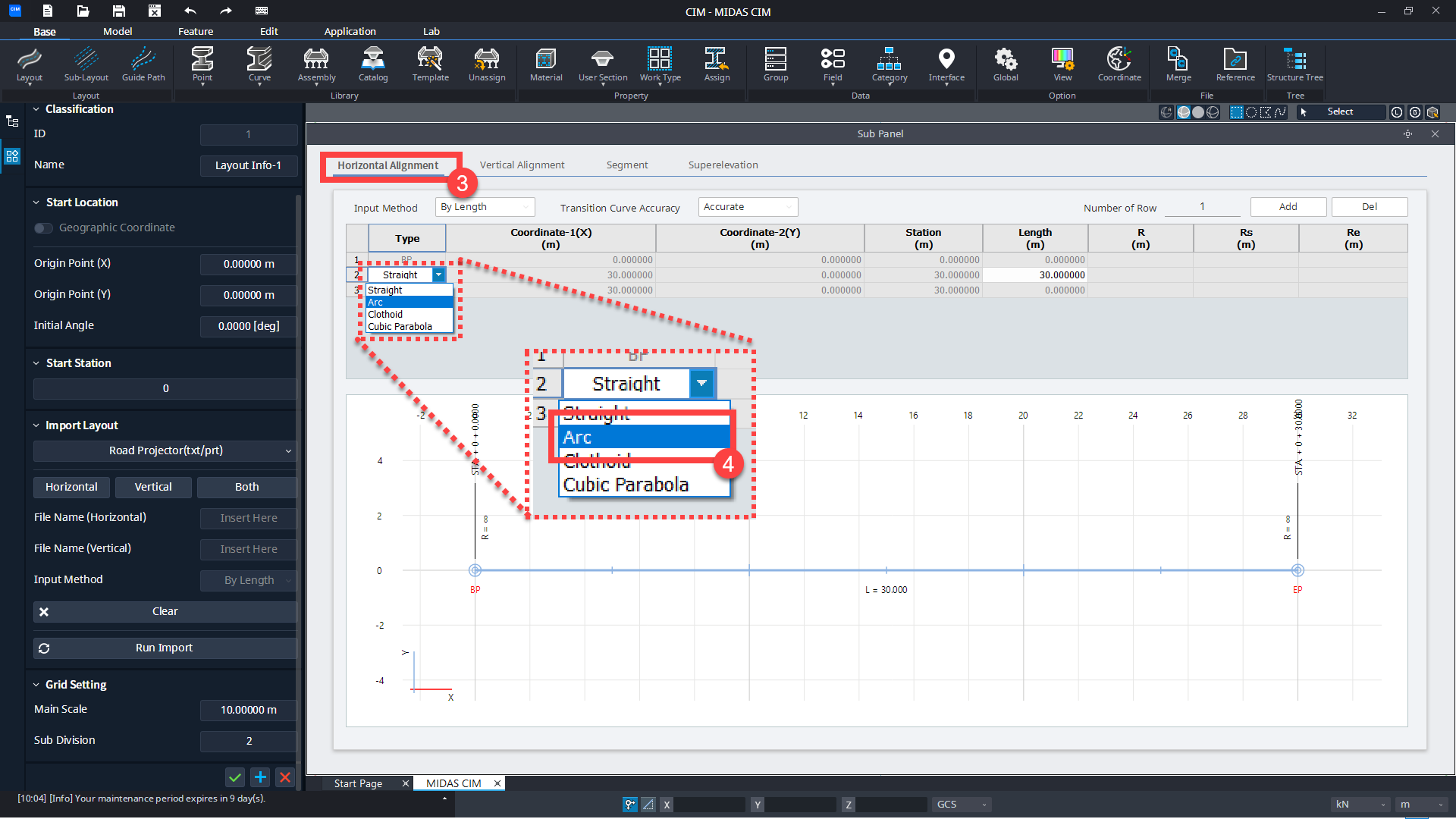 [CIM] How can a user create a bridge alignment with horizontal curvature (arc) in MIDAS CIM ...